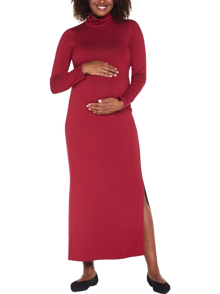 MOTHERHOOD MATERNITY MOTHERHOOD MATERNITY Long Sleeve Knit Maxi Dress with Turtleneck and Side Slit
